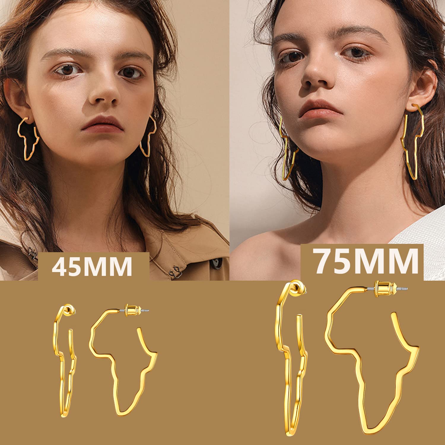 U7 African Map Earrings, 18K Gold Plated Lightweight Dangle Earrings with Silver Post Extra Large Statement Hip Hop Africa Shape Earrings for Women