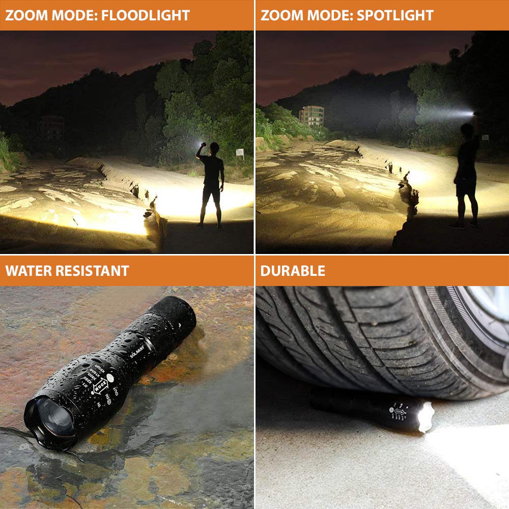 Solaray Handheld LED Tactical Flashlight – Professional Series ZX-1 - Bright High Lumen Flashlight - 5 Light Modes, Adjustable Zoom, Water Resistant - Perfect for Camping Fishing Emergency