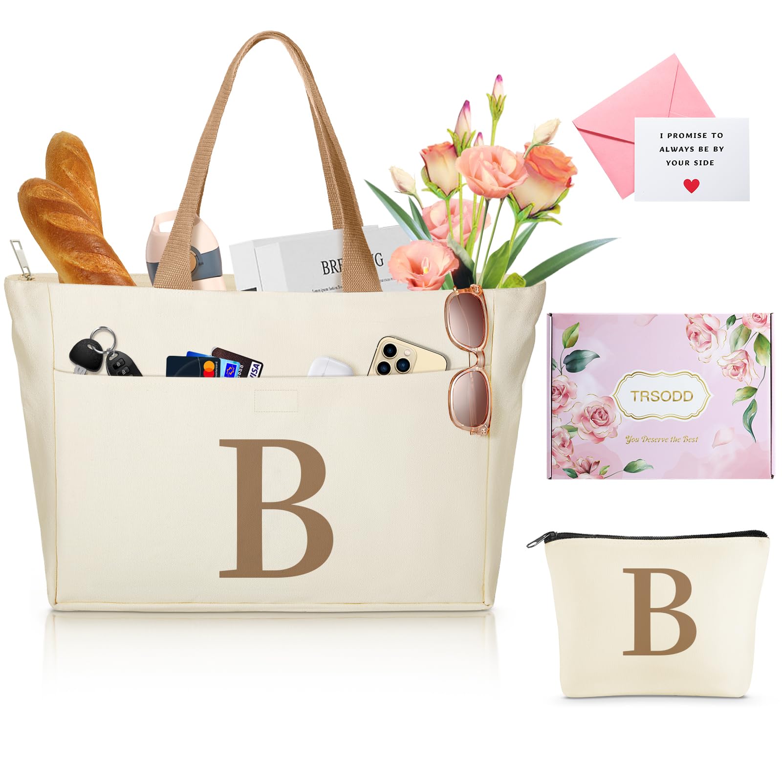 TRSODD Birthday Gifts for Women w Makeup Bag, Ini-tial Can-vas Tote Bags, Personalized Customized Bride Wedding Sister Couple Unique Gifts, Mono-gram Travel Beach Bag w Inner Pocket Card Gift Box B