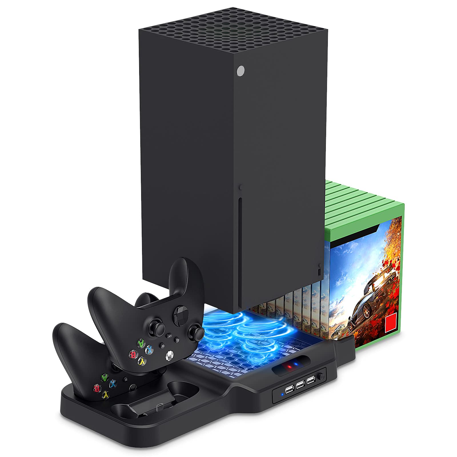 YUANHOT Vertical Stand with Cooling Fan Compatible with Xbox Series X/S, Charging Station Dock with Dual Controller Charger Ports, Game Storage and Cooler System