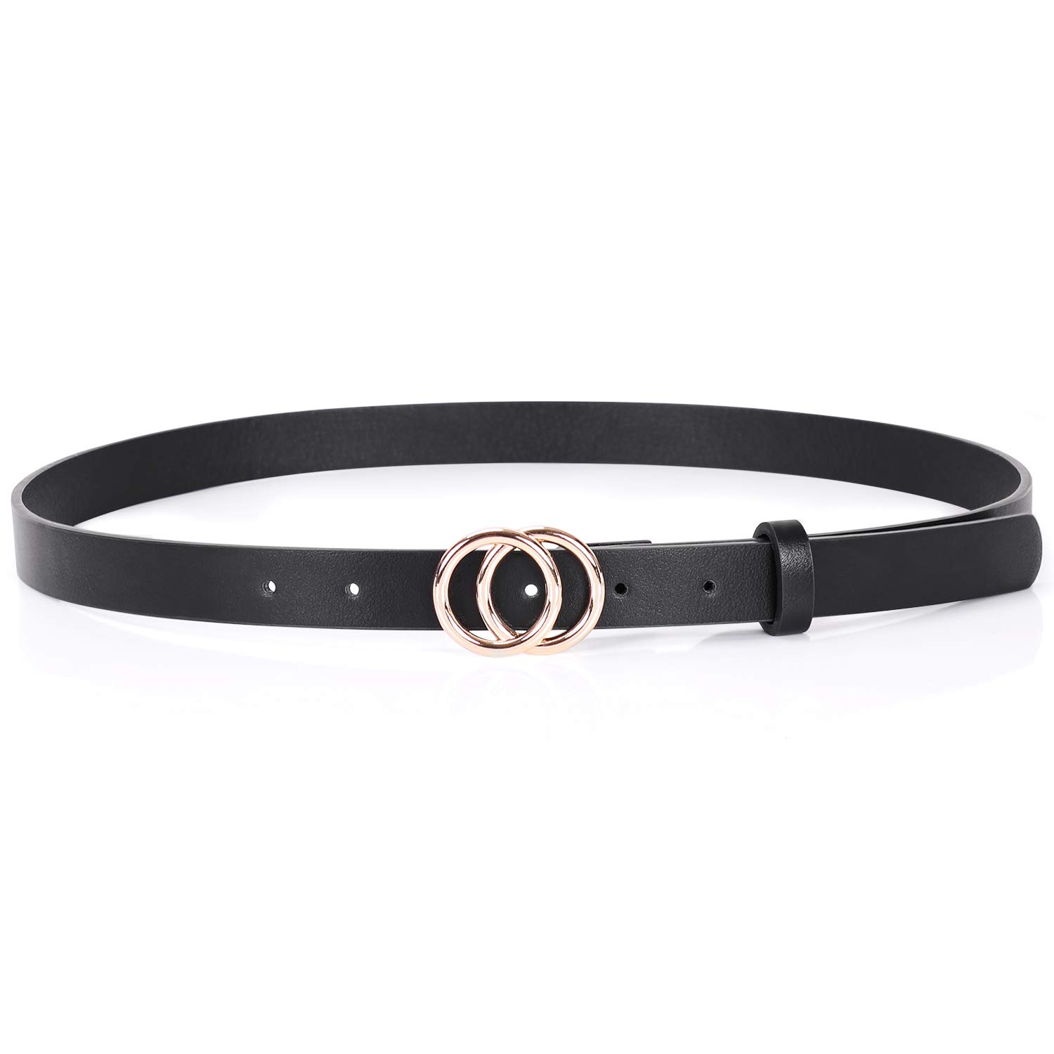 SANSTHS Double Ring Black Leather Belts for Women Gold Buckle Thin Dress Belt for Jeans Pants, Black S
