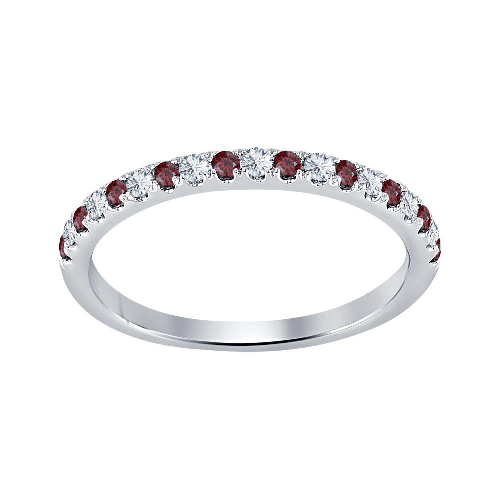 tusakha Round Cut Red Garnet & Diamond Half Eternity 18k White Gold Over .925 Sterling Silver Wedding Engagement Band Ring for Women