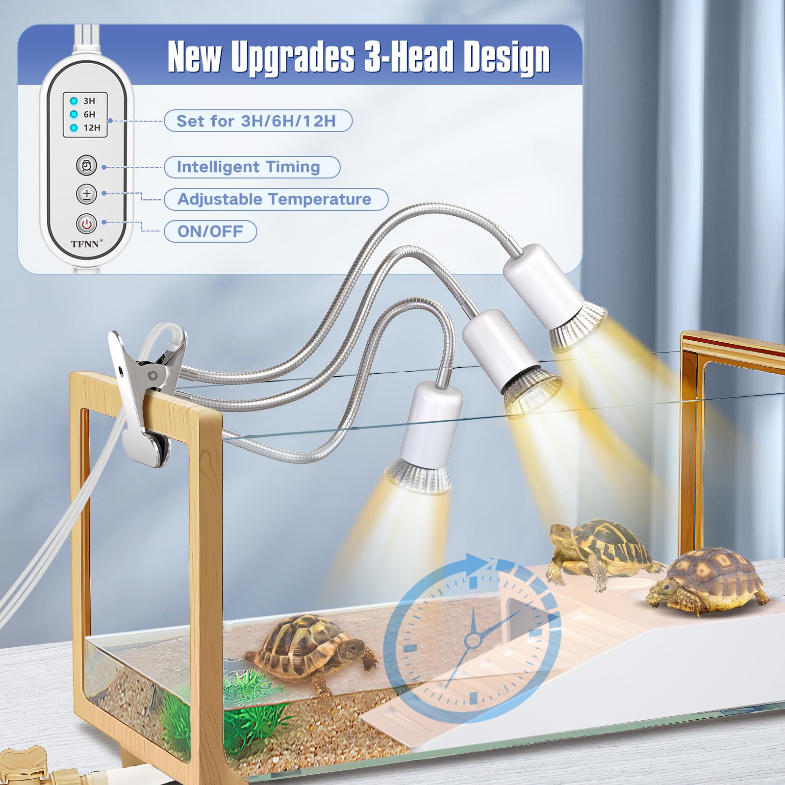 TFNN 2023 Upgrade Reptile Heat Lamp, Three Head Reptile Light with Cycle Timer,UVA UVB light, dimmable Basking lamp for Tortoise, Bearded Dragon, Lizard, Snake, E26/27 Base with 4 Bulbs (50W)-White