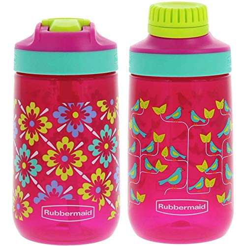 Rubbermaid Kids Water Bottle Sip, Chug - Leak-Proof Reusable Container - Help Keep Your Kids Hydrated - BPA-Free - Equipped with Protective Spout Cover - 14 Ounces, Flowers with Birds, 2 Pack