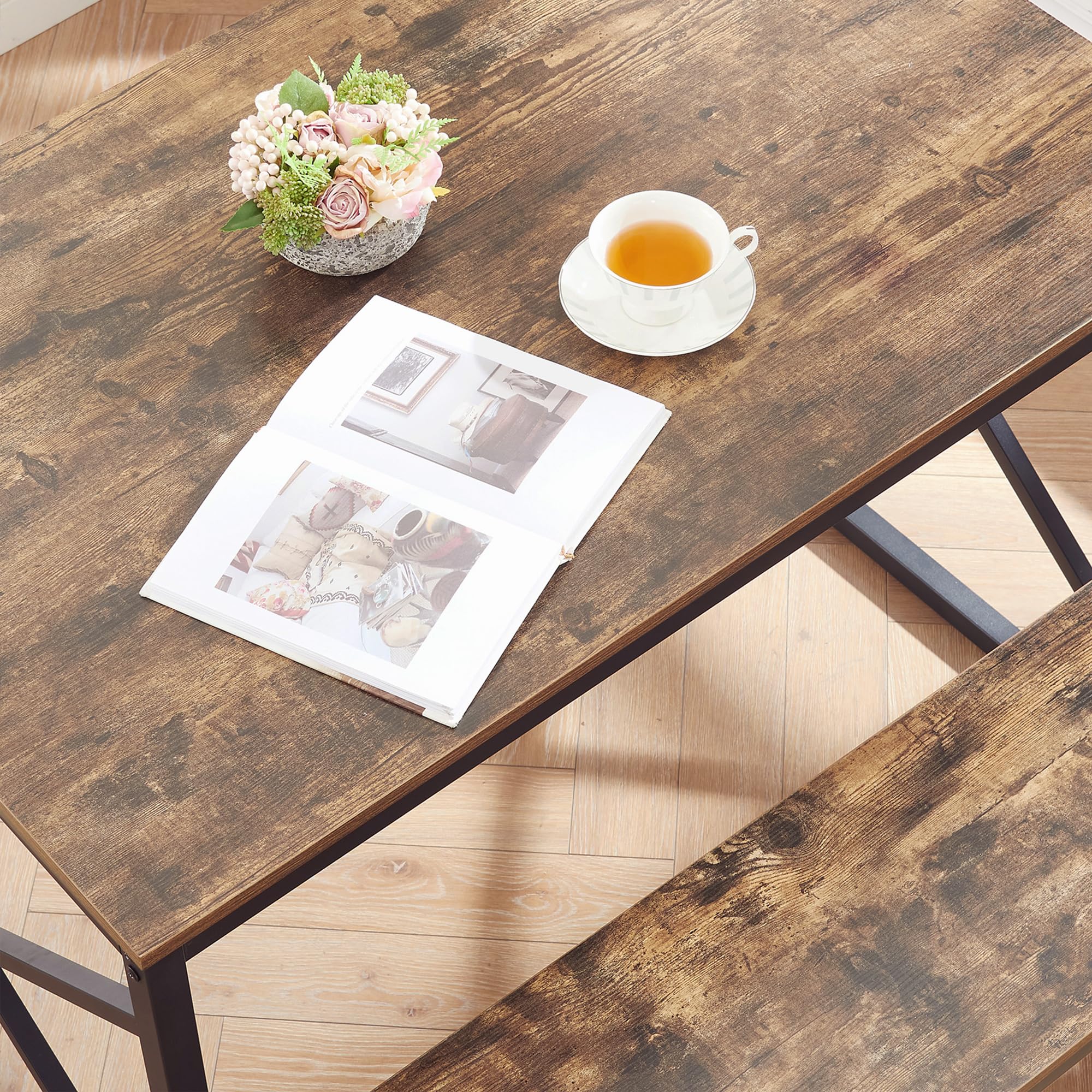 VECELO 43.3 Inch Dining Table Set for 4, Rectangle Dinner Breakfast Dinette with 2 Benches, Thickened Metal Frame & Board, for Kitchen, Living Room, and Small Space, 43.3", Rustic Brown