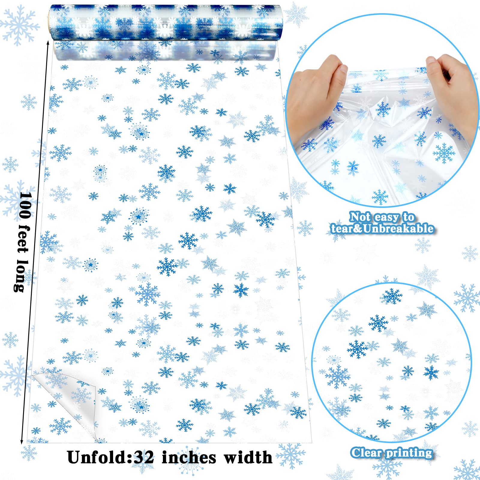 Teling Christmas Cellophane Wrap Roll 100 ft Long 32 Inch Wide 3.1 Mil Clear Wrapping Paper Plastic Gift Basket Wrap Cellophane Gift Wrap for Xmas Candy Treat Arts Crafts (Snowflake Pattern)