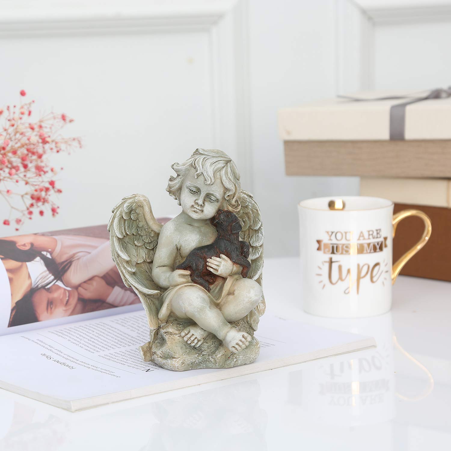 Topadorn Angel Wings with A Little Dog in Arms Angel Resin Statue, Angel Figurine Tabletop Decor Angel Pray Design Display