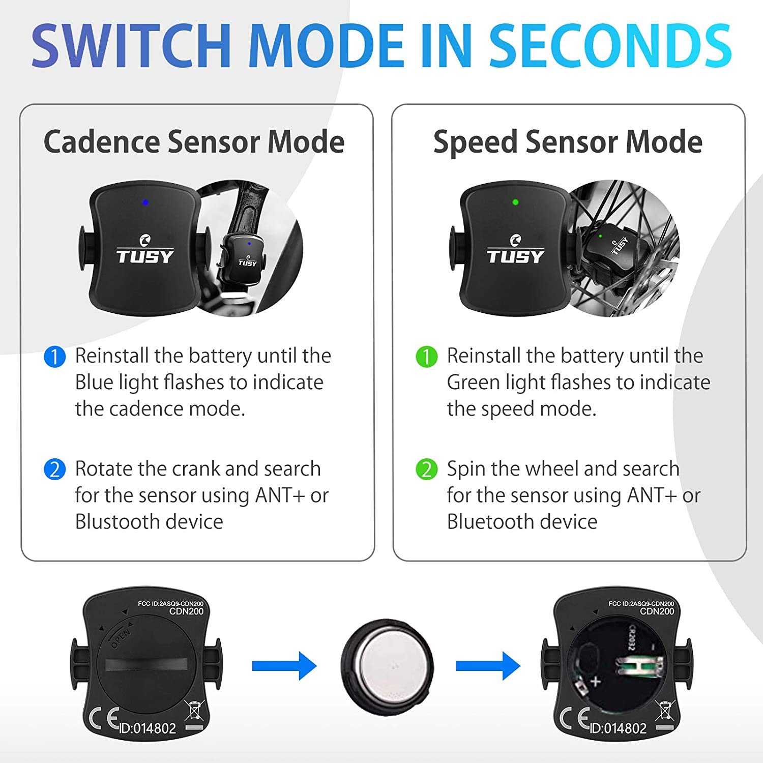 TUSY 2--in--1 Cycling Speed Sensor Cadence Sensor for Spin Bike, Bluetooth/ANT+ Magnetless Waterproof RPM Sensor for Exercise Bike