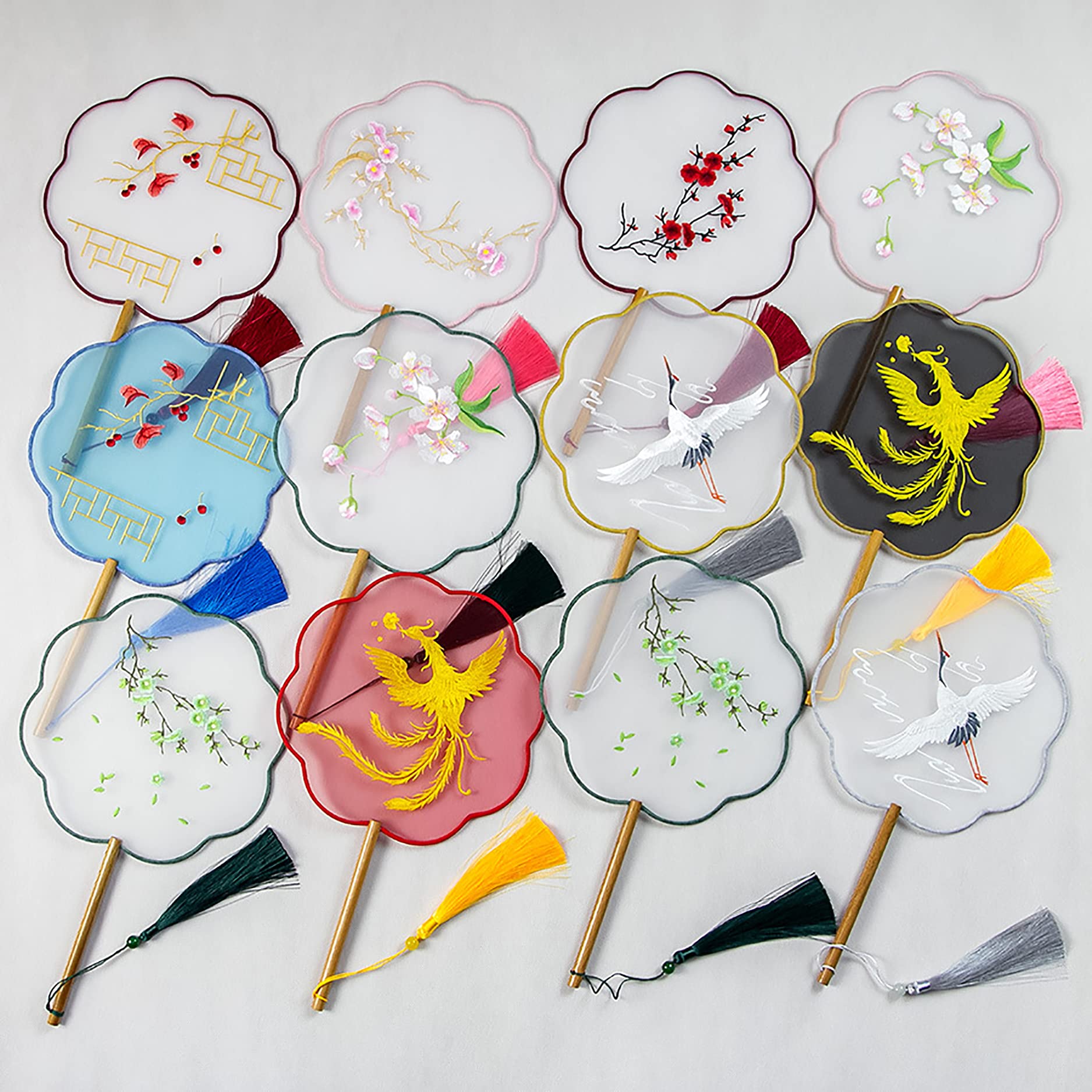 YUELAI Chinese Fan Embroidery Hand Circular Fan, China Han Ancient Dance Translucent Silk Round Fan