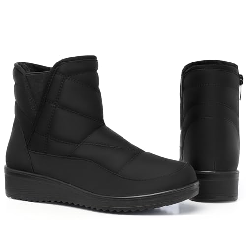 TEMOFON Waterproof Snow Boots for Women: Winter Slip On Booties Black Size 8 with Warm Furry Lined Short Boot Comfy Outdoor Ankle Boot