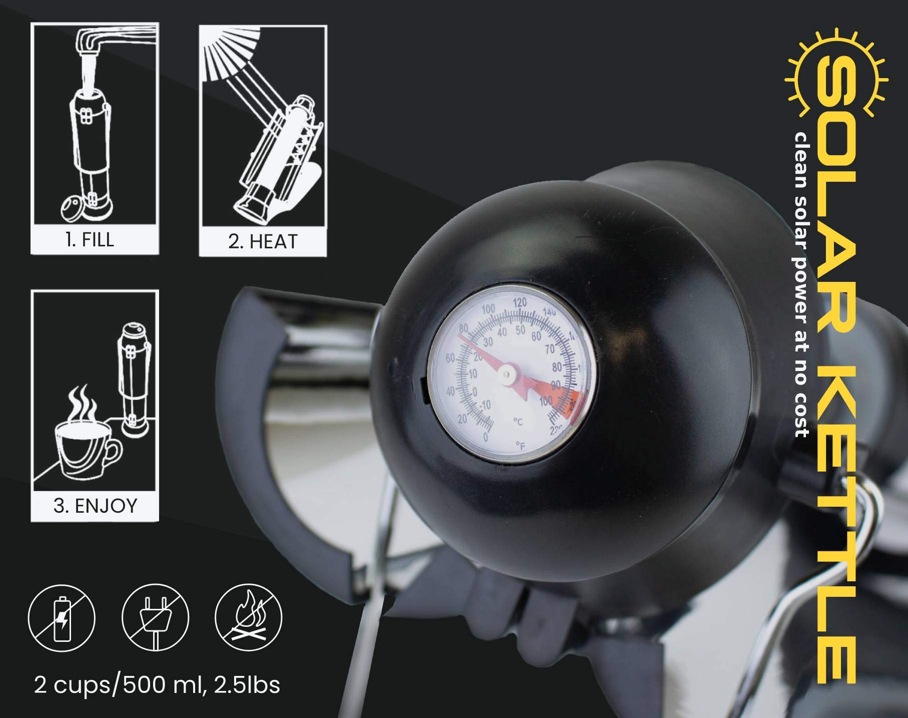 Solar Kettle Thermal Flask Survival Gear With Temperature Gauge (Black)
