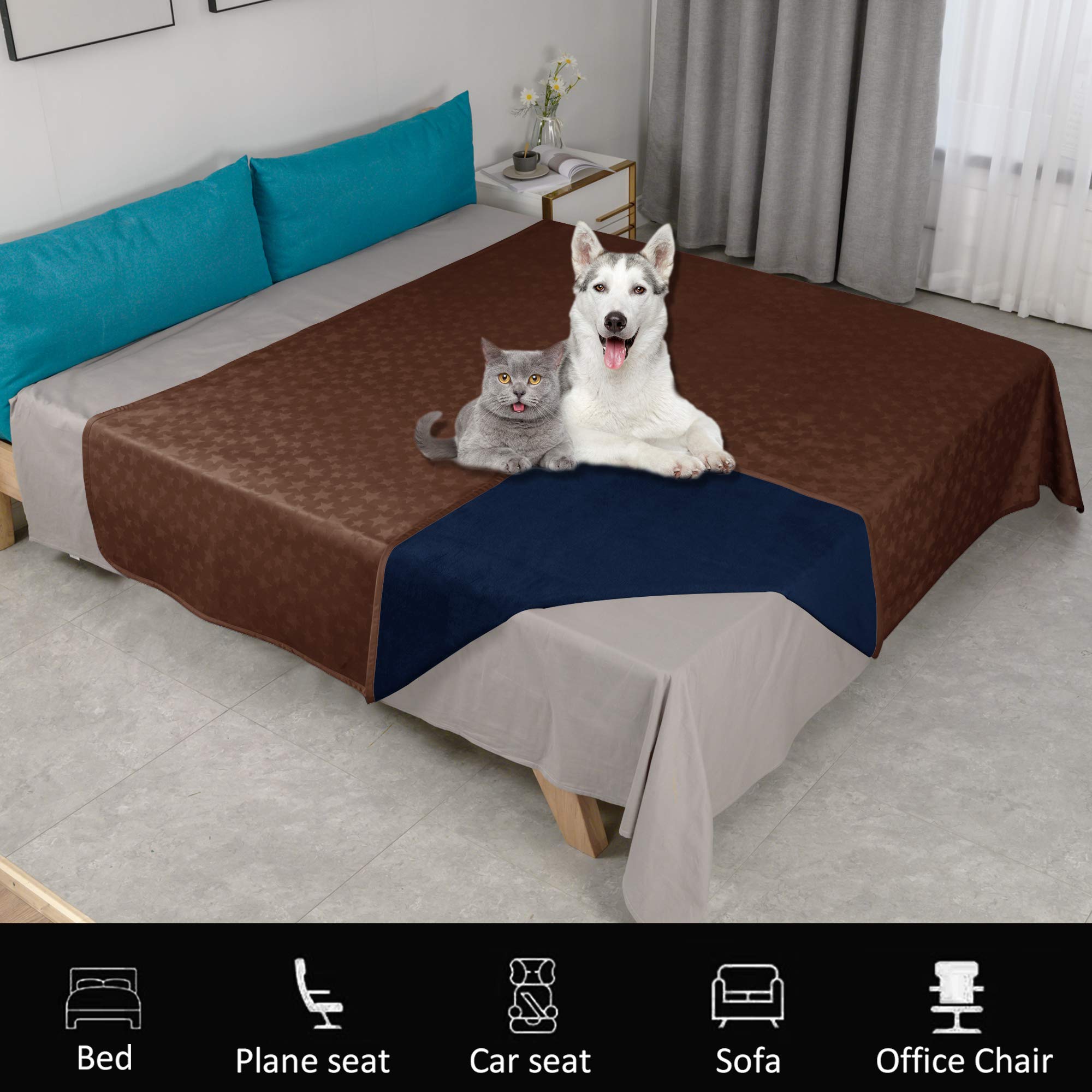 W-ZONE Waterproof Dog Bed Cover Pet Blanket for Furniture Bed Couch Sofa Reversible (6882, Star-Chocolate+NavyBlue)