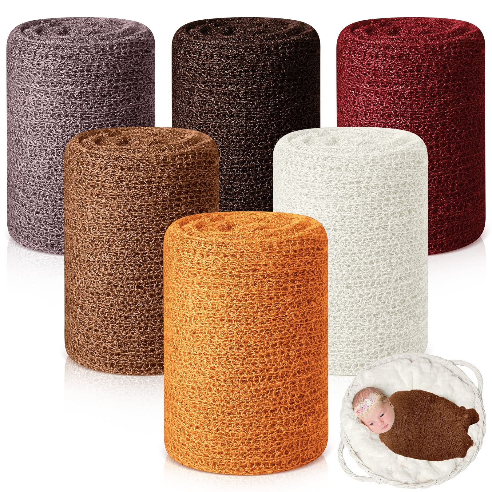Tudomro 6 Pcs 15.8 x 59'' Newborn Baby Stretch Wraps Set 6 Colors Baby Photography Props Unisex Newborn Long Ripple Wrap Photo Blanket for Baby Girl Boy Christmas DIY Photography Prop(Elegant Color)
