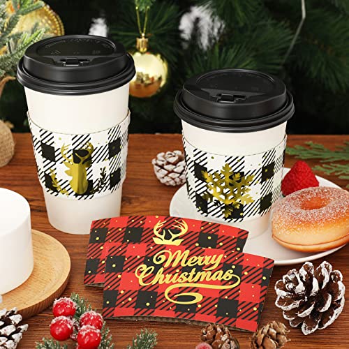 Whaline 30Pcs Christmas Coffee Tea Cup Sleeves Bronzing Red Black White Plaid Jacket Sleeves for 12 and 16oz Disposable paper Cup for Hot Chocolate Cocoa Cold Beverage, 6 Design (No Cups Included)