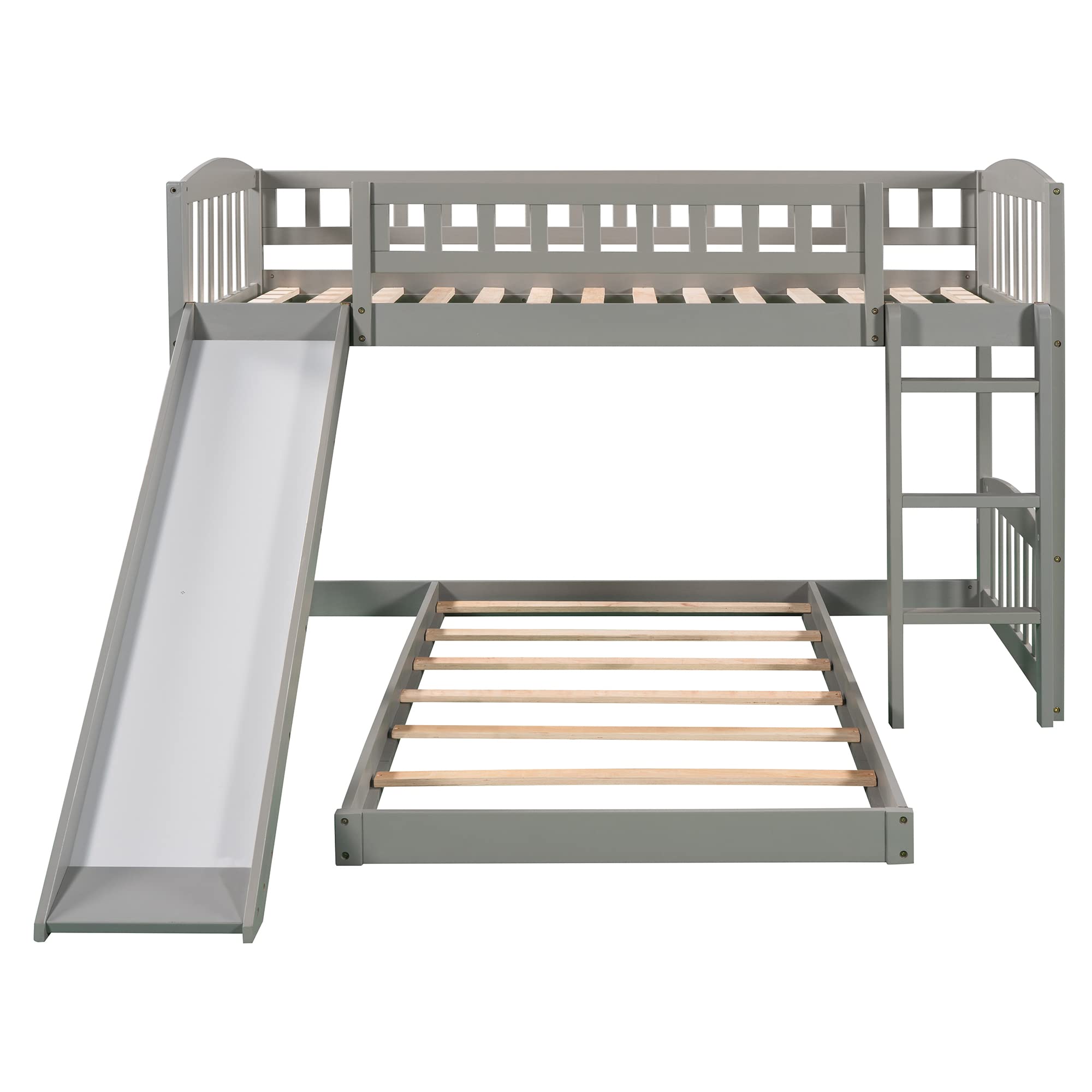 Tensun Low Bunk Bed Twin Over Twin, Wood Floor Bunk Bed with Slide and Ladder, L-Shape Bunk Bed for Bedrooms,Dorms,Kids,Toddlers,No Box Spring Needed,Easy to Assemble,Grey