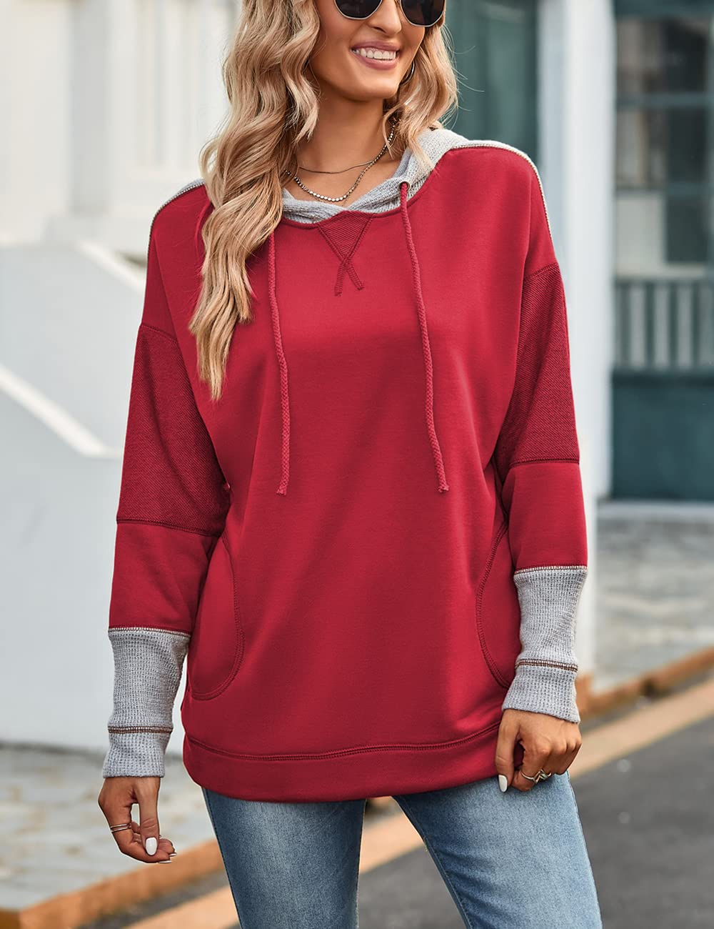 SEBOWEL Women's Fashion Long Sleeve Colorblock Pullover Hoodies Sweatshirts Red XXL