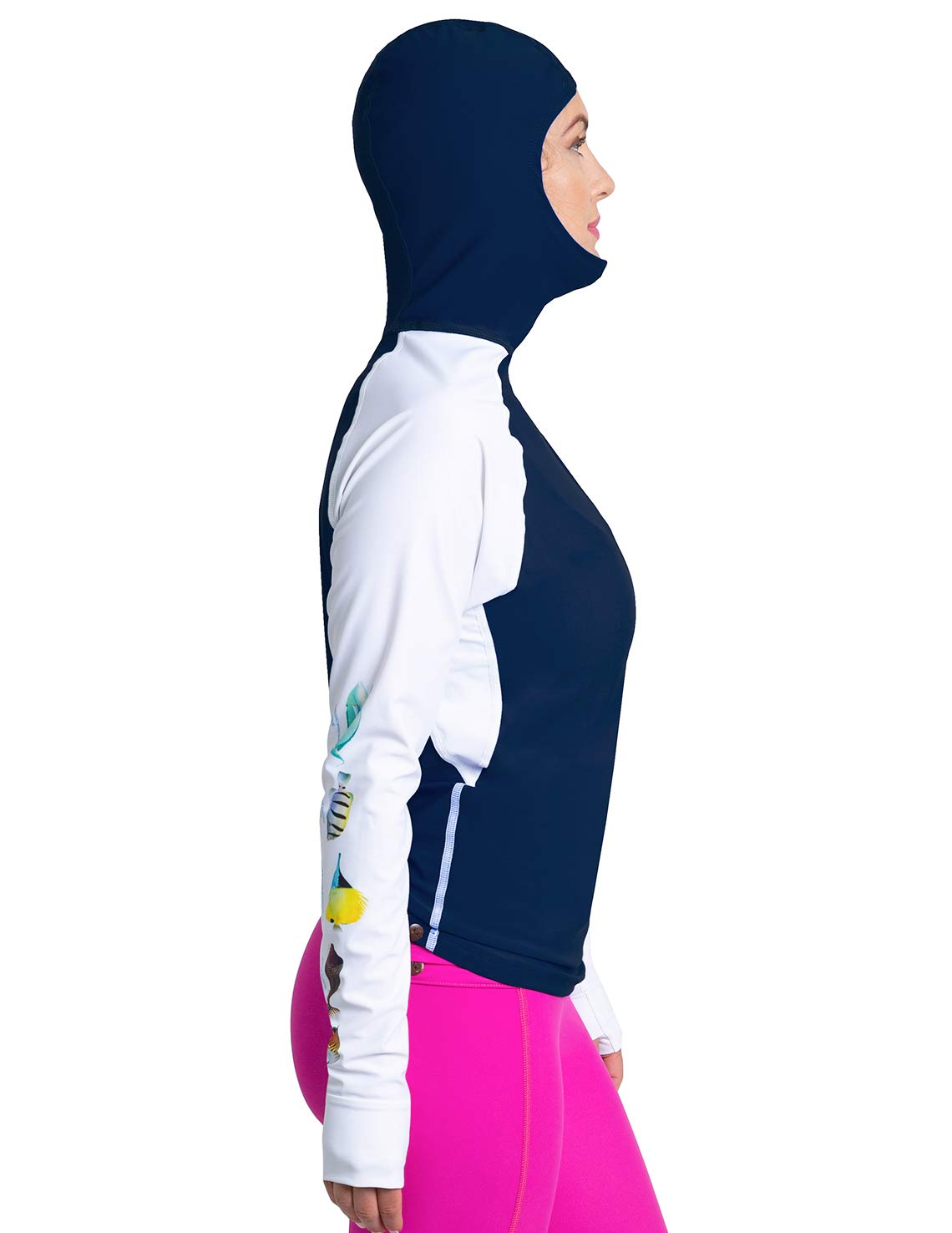 Tuga Women's Snorkel Hooded Top, Hawaii Fish, UPF 50+, USA Made, Navy, Medium