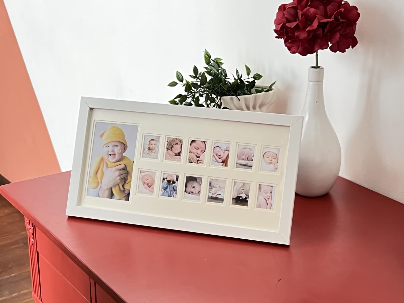 WOOD SIDE ORBIS My First Year Photo Moments Baby Keepsake Frame with Double Mat, Stand and Hangers, Gift for Mother or Parents - White