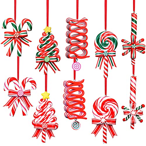 TREWAVE 10 Pieces Christmas Tree Lollipop Hanging Ornaments Set with Ribbon, Xmas Candy Cane Tree Hanging Decor, Christmas Season Home Hanging Decorations and Pendants