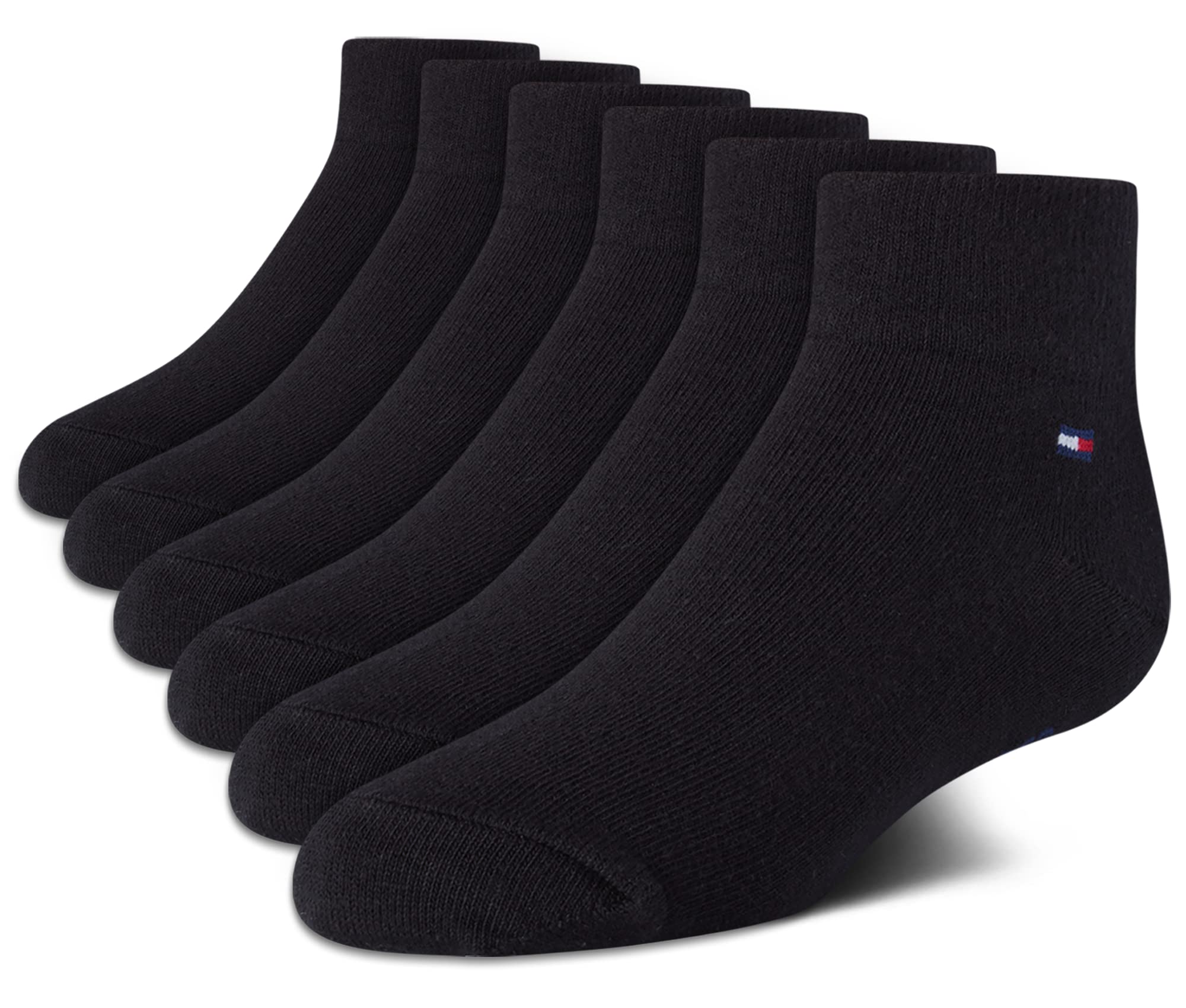 Tommy Hilfiger unisex-child 6 Pack Flag Logo Quarter Socks, Black, Large