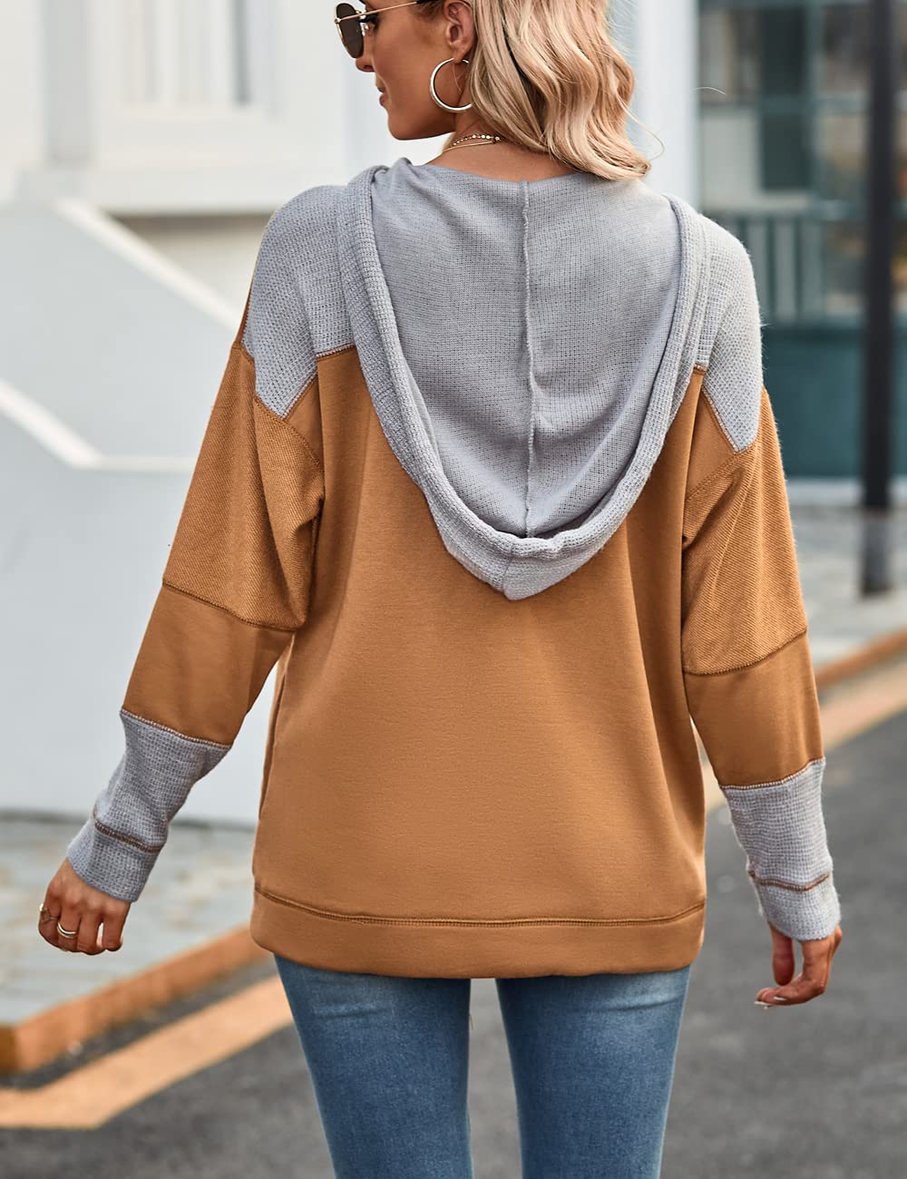 SEBOWEL Womens Oversized Color Block Long Sleeve Tunic Hoodies Tops Sweatshirt Fall Tunic Tops for Leggings Khaki L