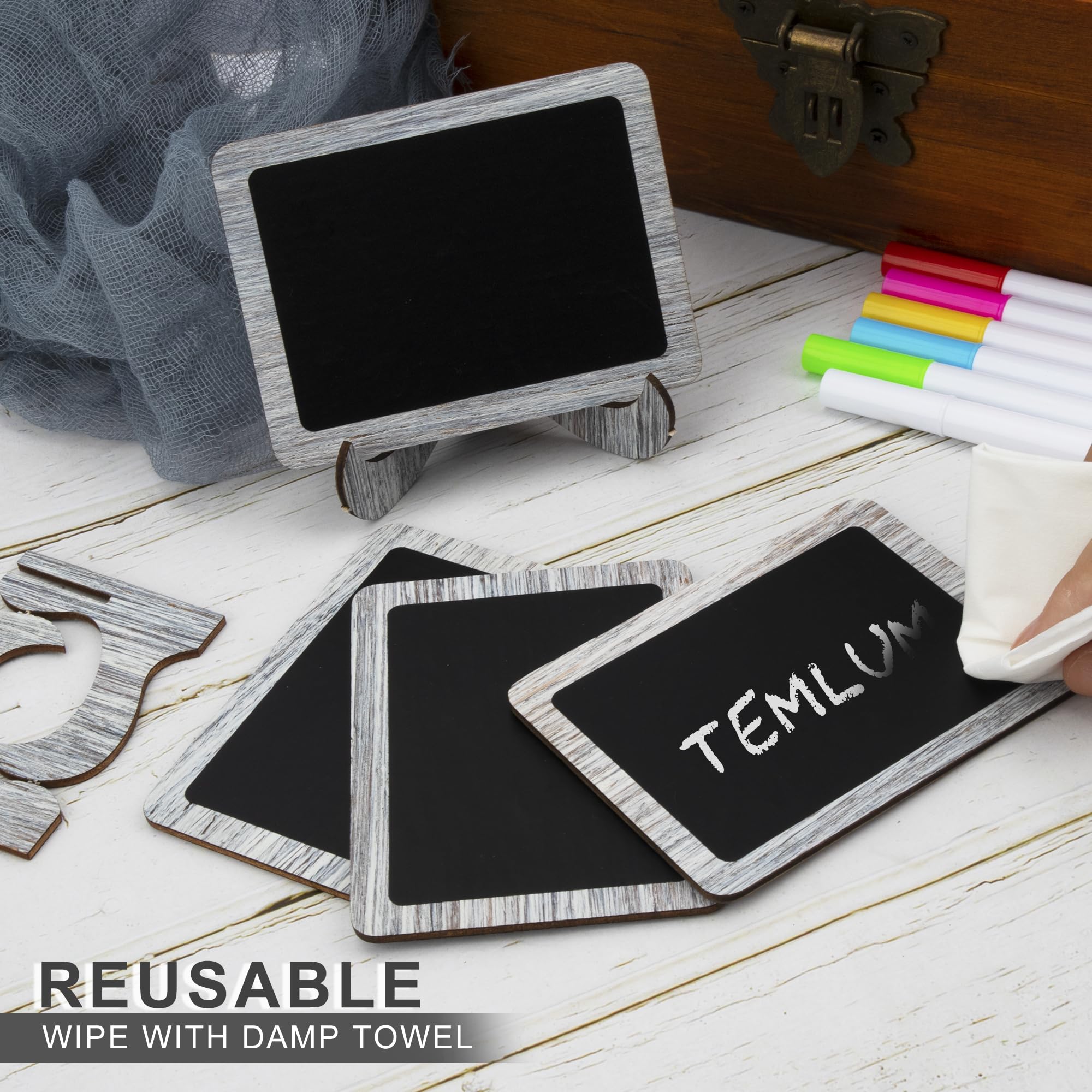 Temlum 15 Pcs Mini Chalkboard Sign with 6 Color Chalk Markers, 2.9″ x 3.9″ Wooden Blackboard Reusable Small Chalkboards for Food, Buffet, Message Board, Table Number (Rustic Brown)