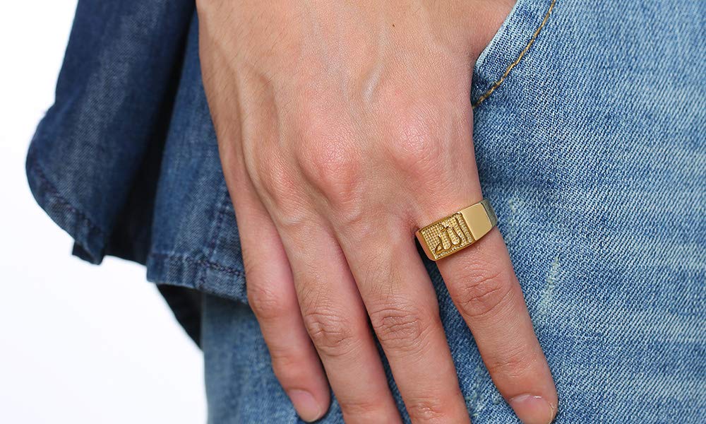VNOX 18k Gold Plated Islamic Allah Suqare Ring Muslim Signet Ring for Arabic Islamic Muslim Prayer,Pinky Ring,Size 12