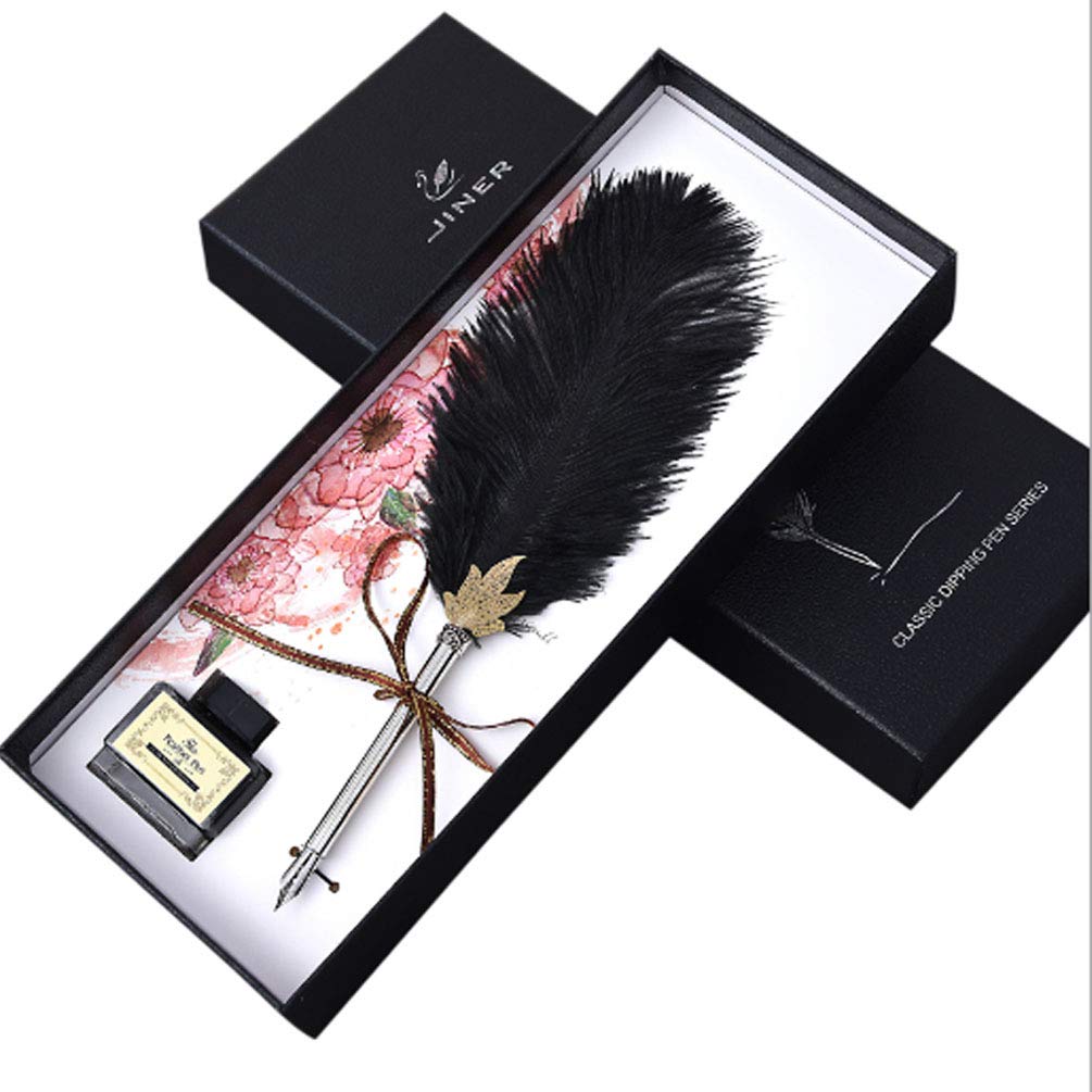 YOLAKIS Feather Quill Pen Set, Retro Dip Feather Pen Calligraphy Pen Luxury Quill Pen and Ink Set (Black)