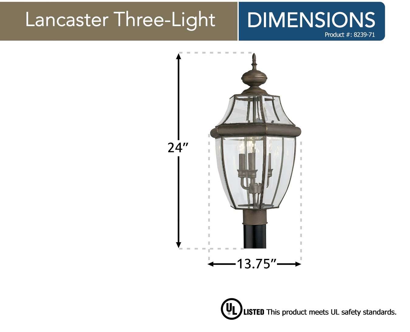 Sea Gull Lighting 8239-71 Lancaster Outdoor Post Lantern Outside Fixture, Three - Light, Antique Bronze