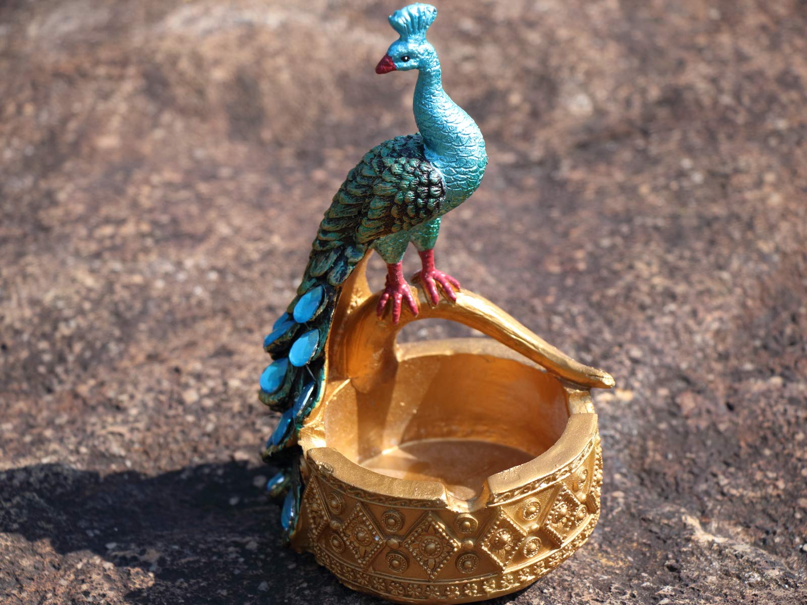 Resin Blue Peacock Decor Ashtray, Bird Figurine Statue, Home Table Garden Yard Decoration Ornament Gift