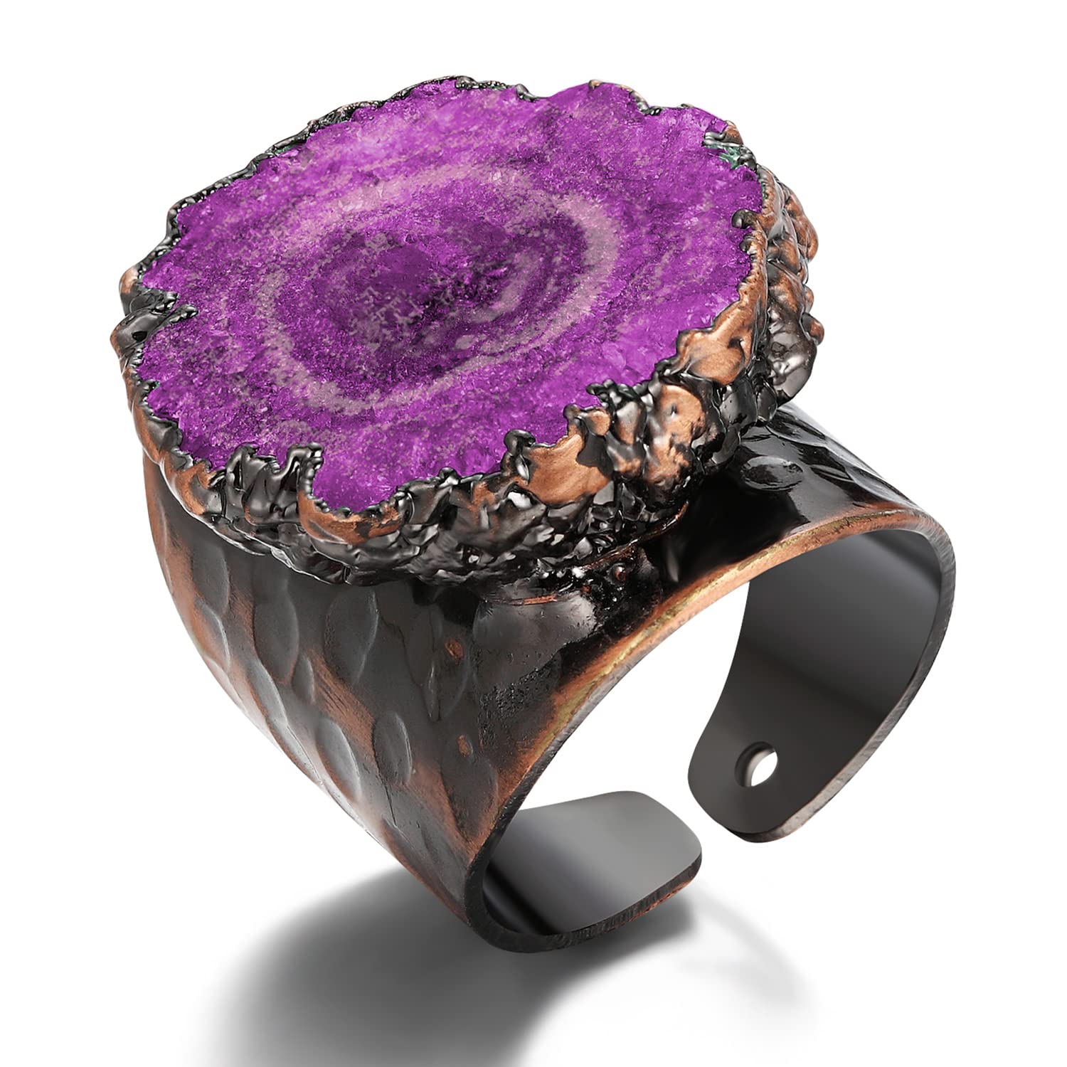VIENNOIS Natural Purple Agate Slices Ring Vintage Quartz Crystal Stone Adjustable Open Wide Gemstone Ring Handmade Jewelry (Purple)
