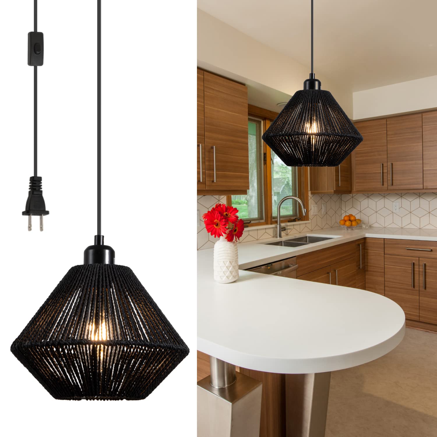 YongMing CL Black Woven Plug in Pendant Light Fixture, 9.65ββ Rustic Farmhouse Pendant Hanging Light with Plug in Cord & On/Off Switch for Kitchen Island Living Dining Room Bedroom Foyer