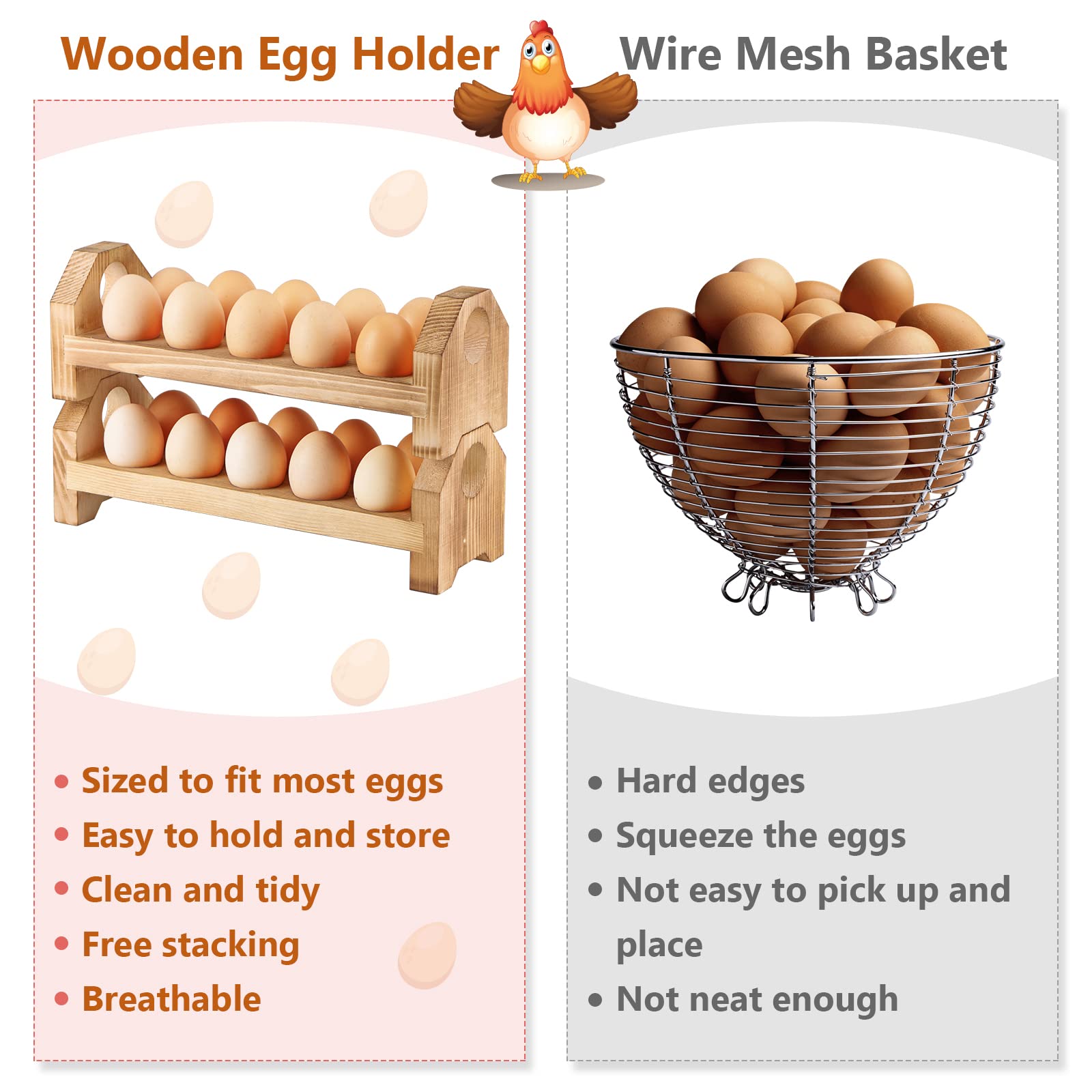 Wooden Egg Holder Countertop, 4 Egg Storage Trays Stackable for 40 Fresh Eggs, Egg Tray Organizer Rustic Kitchen Decoration, Egg Container Rack for Kitchen Organization