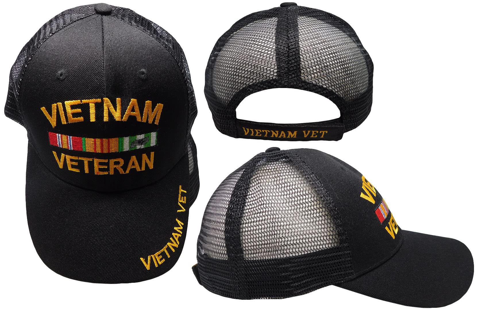 Vietnam Veteran Vet Ribbon Mesh Trucker Black Acrylic Adjustable Embroidered Baseball Hat Cap