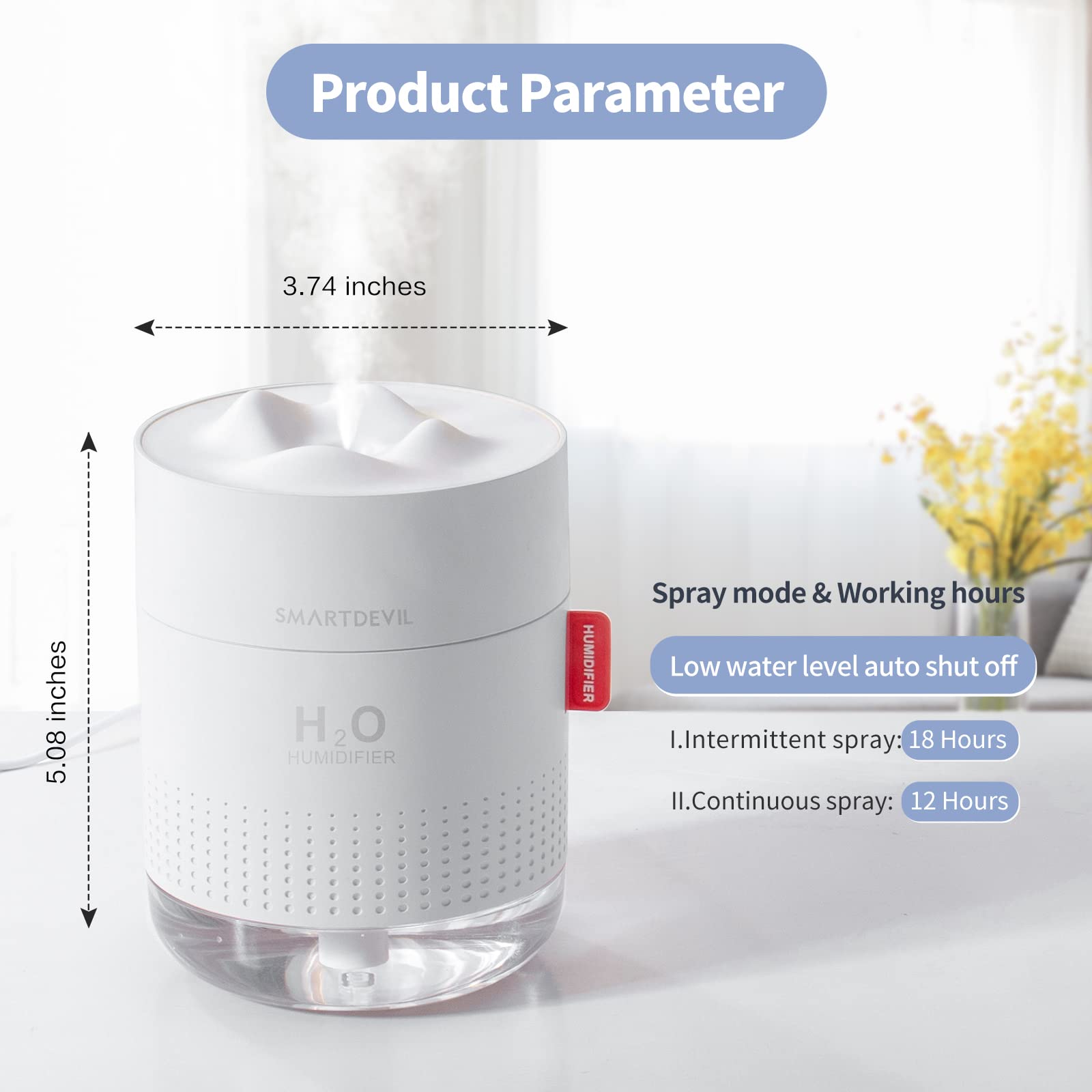 SmartDevil Small Humidifiers, 500ml Desk Humidifiers, Whisper-Quiet Operation, Night Light Function, Two Spray Modes,Auto Shut-Off for Bedroom, Babies Room, Office, Home (White)