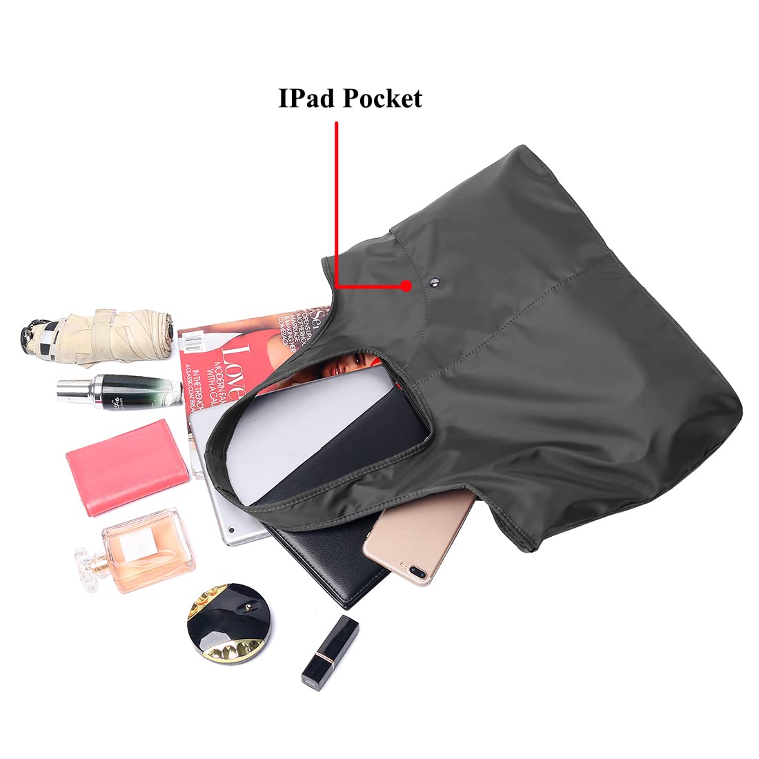 VOLGANIK ROCK Women Fashion Large Tote Shoulder Handbag Waterproof Tote Bag Multi-function Nylon Travel Shoulder (8045-Grey)