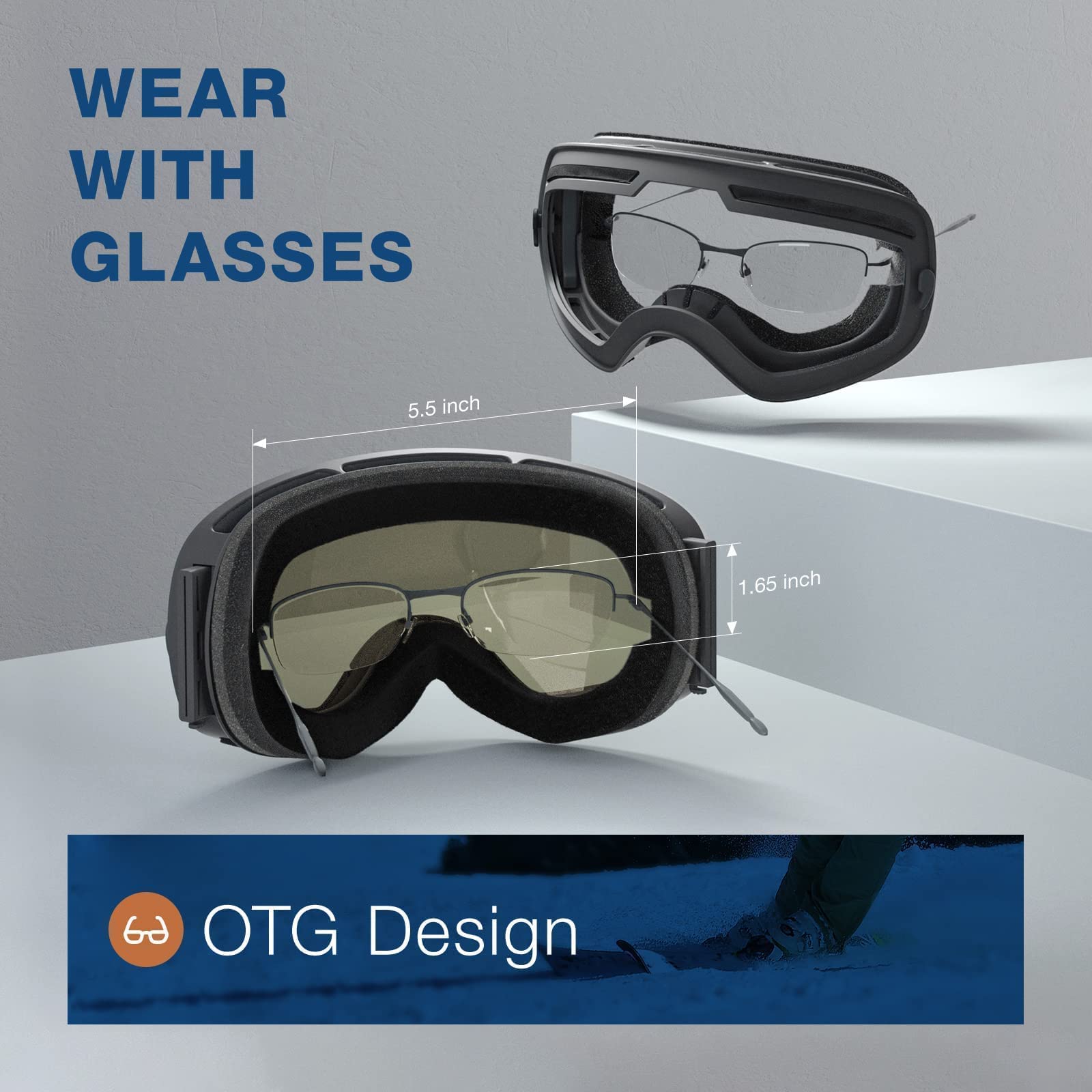 ZIONOR X Ski Snowboard Snow Goggles OTG Design for Men & Women and Ski Goggles Bag