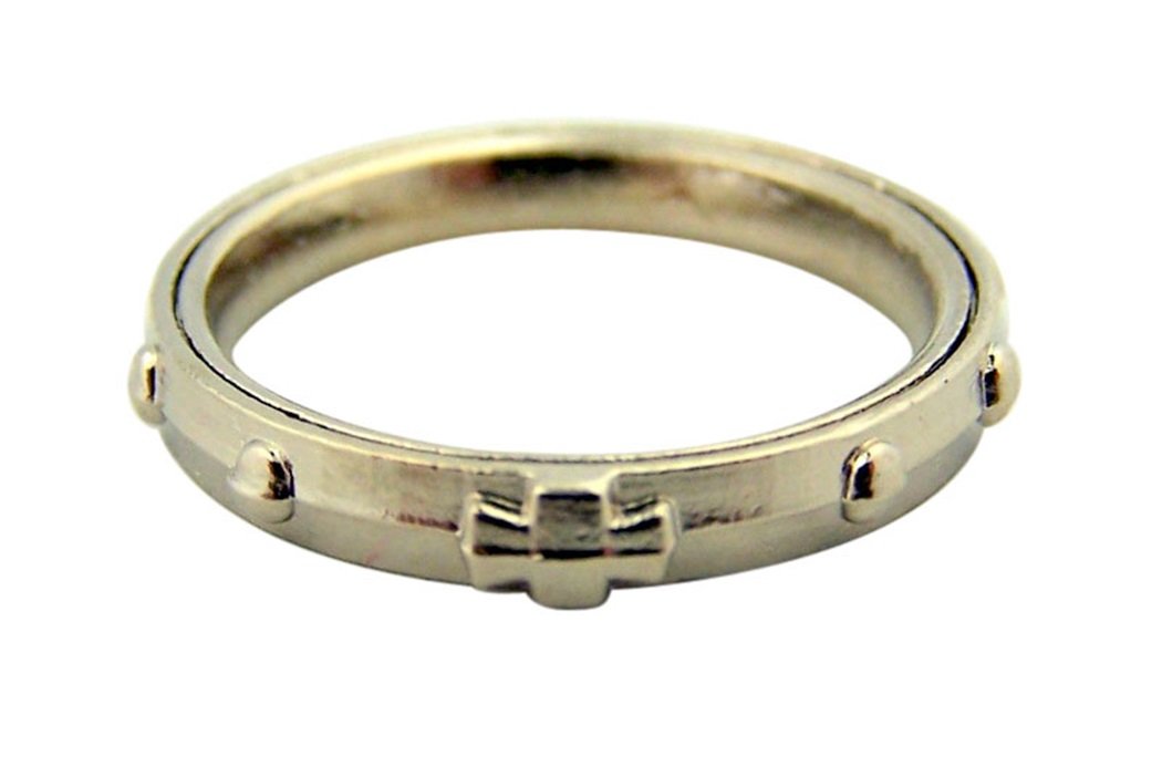 Silver Tone One Decade Rotating Rosary Ring with Cross, Medium