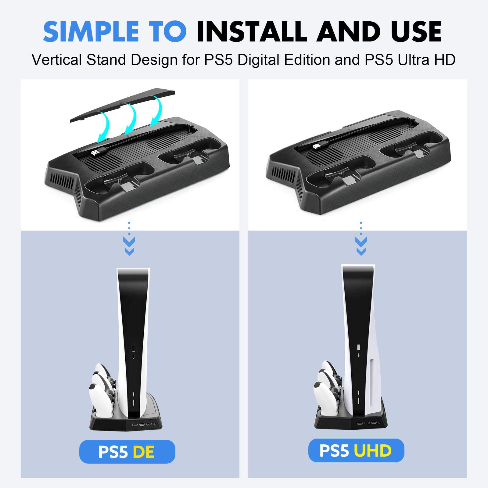 UeeVii PS5 Vertical Stand with Cooling Fan Dual Charging Station Dock for Playstation 5 Digital Edition and DualSense 14 Retractable Game Storage 3 USB Ports