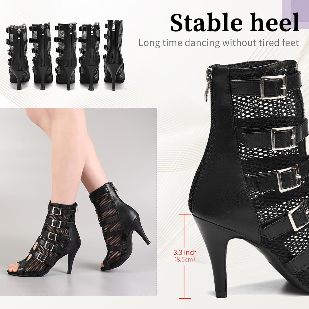 VCIXXVCE Women's Heels Dance Shoes Black with Zipper Peep Toe Rubber Sole Ballroom Salsa Ankle Dance Boots 3 1/3inch Heel,9 B(M) US
