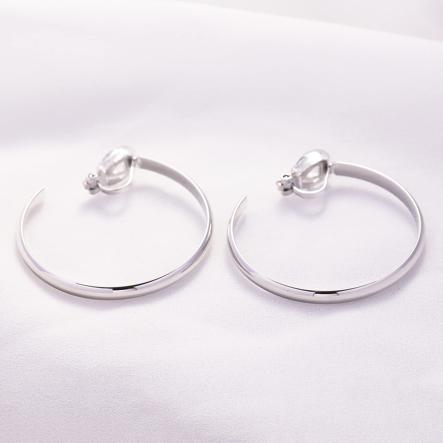 XGALBLA Clip On Hoop Earrings for Women - Silver Tone Plated 40MM Hoop for Non-Pierced Ears