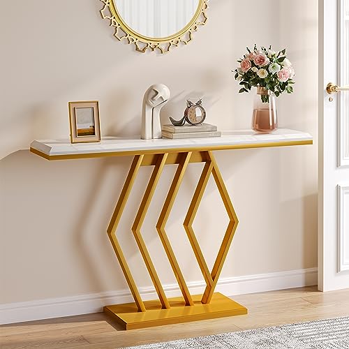 Tribesigns Gold Console Table, 47 Inch Faux Marble White Entryway Sofa Table with Geometric Base, Modern Narrow Accent Table Behind Couch for Living Room, Hallway, Foyer, Entrance