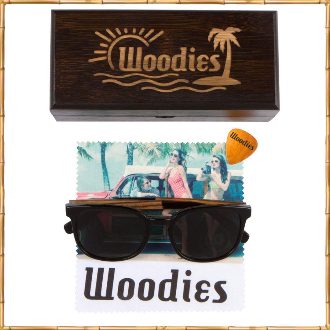 Woodies Zebra Wood Vintage One Bridge Polarized Style Black Sunglasses | Wooden Gift Box | 100% UVA/UVB Ray Protection