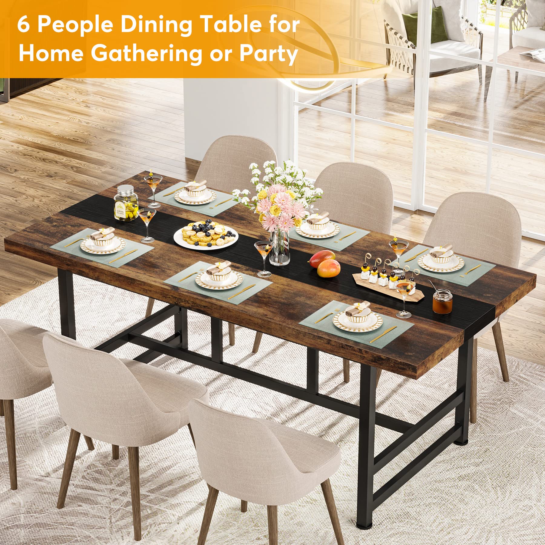 Tribesigns Wooden Dinning Table for 6 People, 70 inches Home & Kitchen Table, Large Dinning Room Table with Metal Frame for Family Gathering or Party (Rectangular)