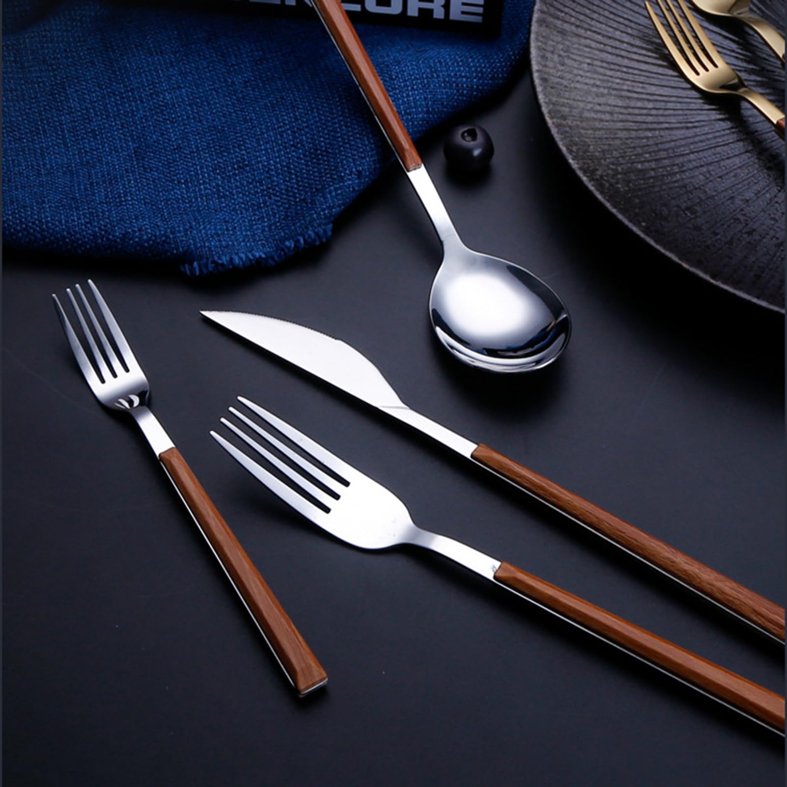 Wooden Silverware Set With Wood Grain Handle 30 Pcs Flatware Sets Service for 6 Stainless Steel Home Kitchen Wedding Restaurant Cutlery Utensils Set Forks Spoons and Knives Delicate Tableware