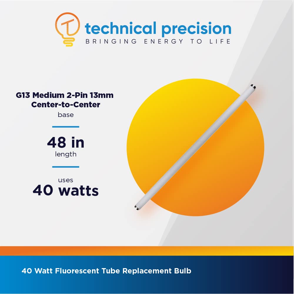 Technical Precision 34W Linear Fluorescent Light Bulb - Replacement for Philips F34CW/RS/EW/Alto Tuff Coated Light Bulb 4100K Cool White - G13 Medium Bi Pin Base - T12 4Ft Tube - 1 Pack