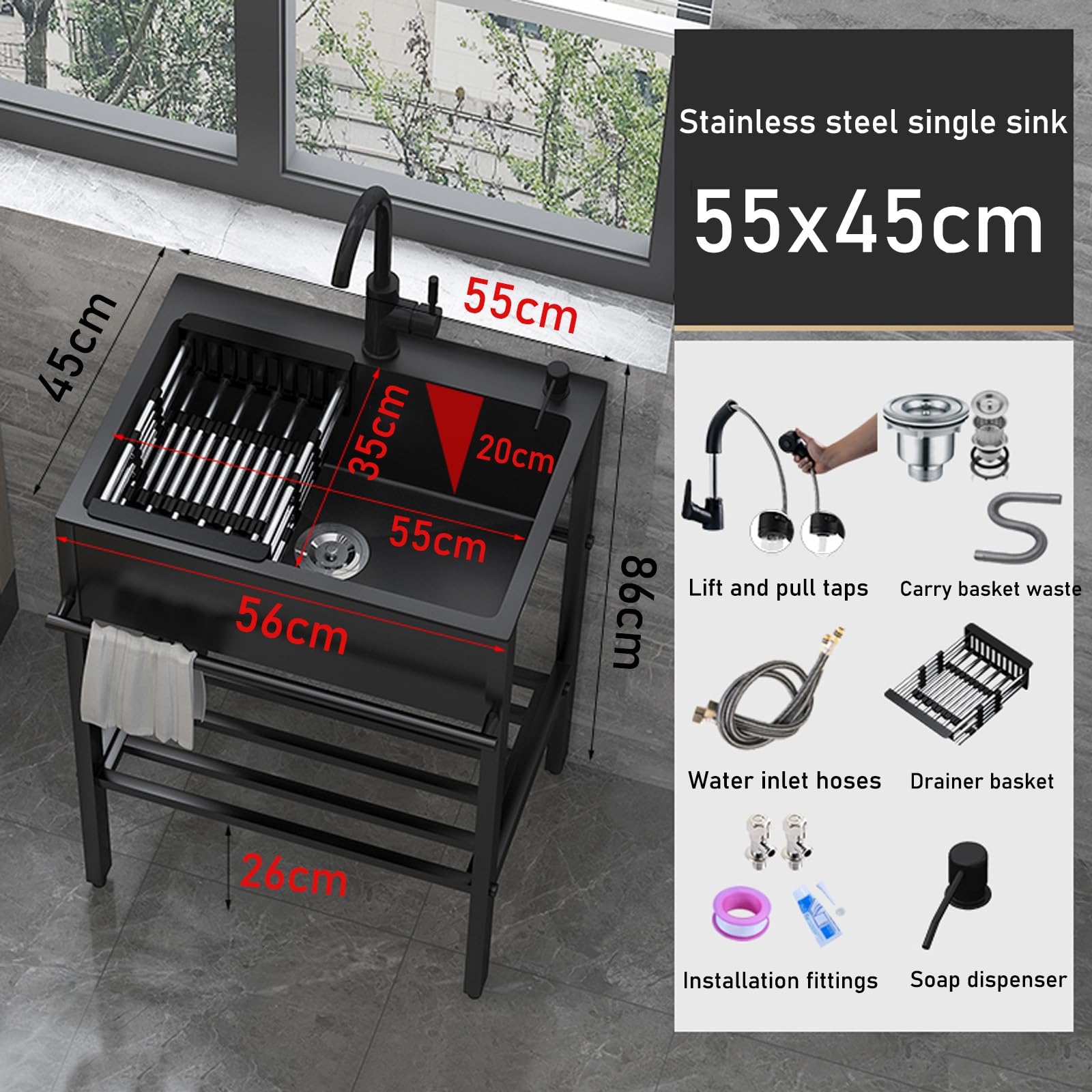 Stainless Steel Single Bowl Kitchen Sink With Stand Free Standing Commercial Restaurant Utility Sink Set With Drain Basket For Laundry Backyard Garage Outdoor,Black Stainless Steel Floor Standing Sink