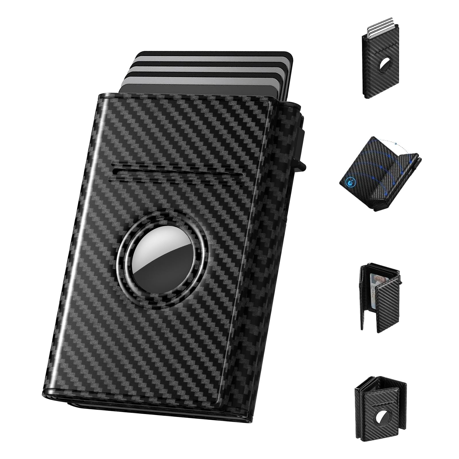 Trifold Wallet for Men with AirTag Holder, Smart Mens Wallet, Pop-Up Card Holder, Cash Slot, Carbon Fiber Case, RFID Blocking, Minimalist Slim Leather Groove Wallet, ID Window, with Gift Box