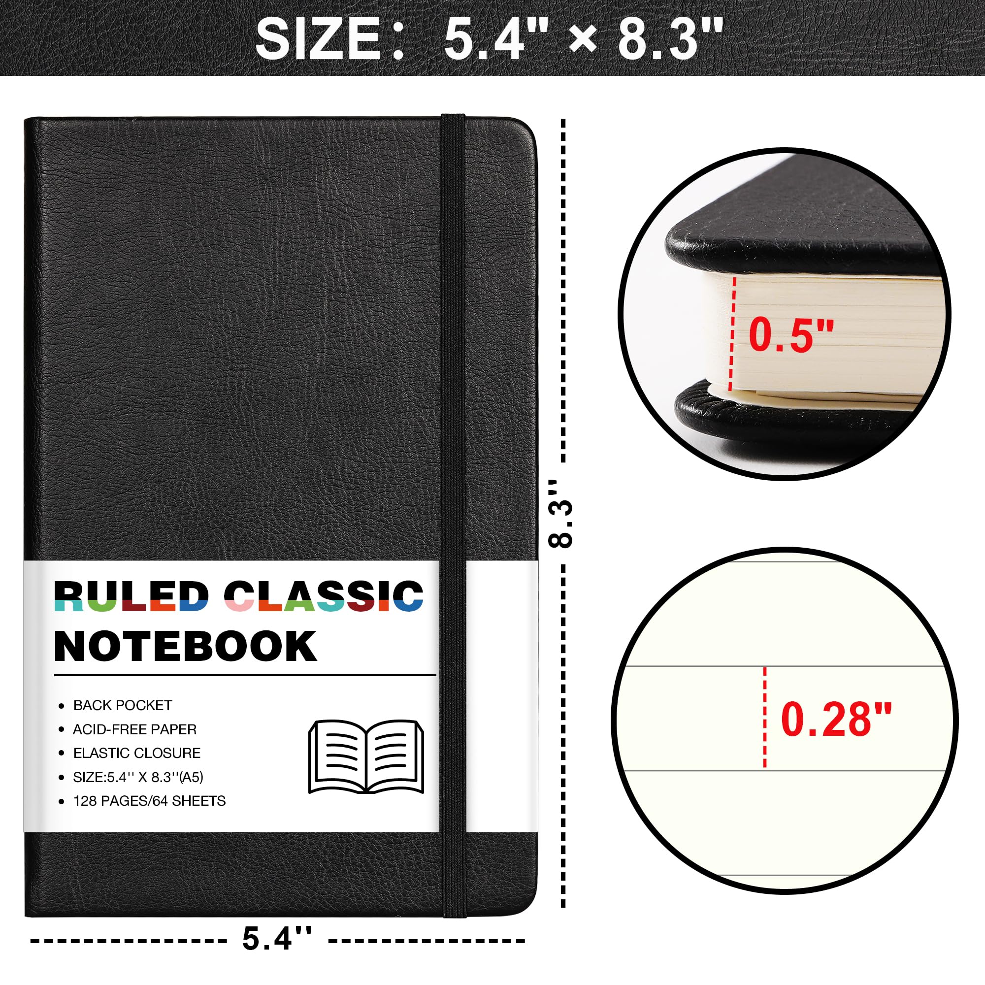 Ruled Notebook/Journal β Classic Notebook Journal for Women/Men, Faux Leather Notebooks for Work, Premium Thick Paper, Black, Hardcover, Lined (5.4 x 8.3)