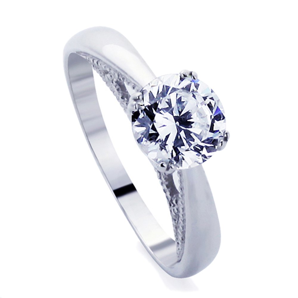 Sterling Silver Wedding Ring 1.25 Carat Round CZ Stone Double Prong Milgrain Filigree Design Classic Solitaire Engagement Ring (Size 5 to 9)